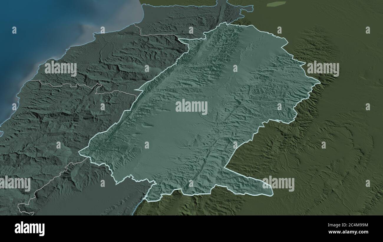 Zoom in on Baalbak-Hermel (governorate of Lebanon) outlined. Oblique ...