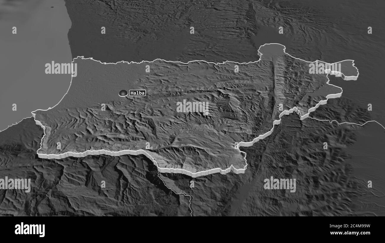 Zoom in on Akkar (governorate of Lebanon) extruded. Oblique perspective ...