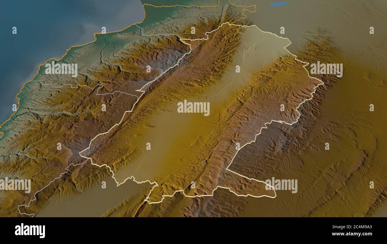 Zoom in on Baalbak-Hermel (governorate of Lebanon) outlined. Oblique ...