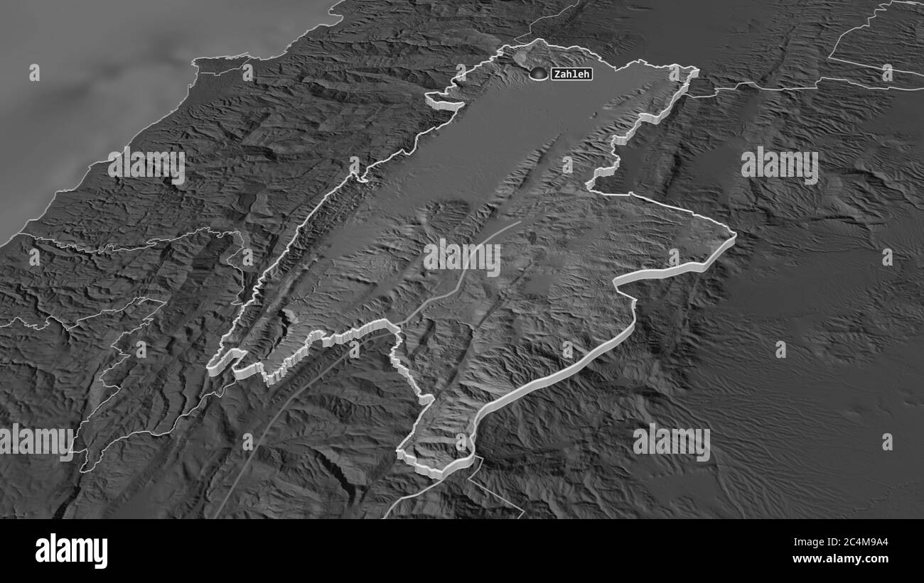 Zoom in on Bekaa (governorate of Lebanon) extruded. Oblique perspective ...