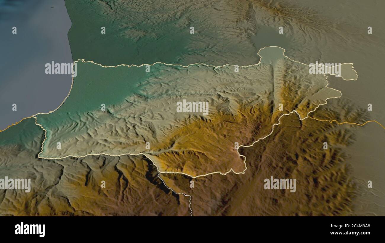 Zoom in on Akkar (governorate of Lebanon) outlined. Oblique perspective ...