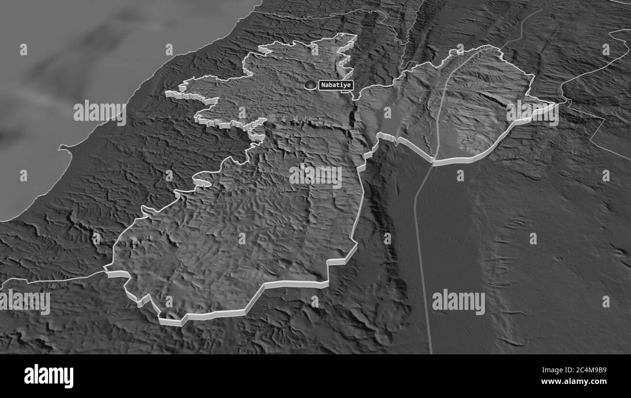 Zoom in on Nabatiyeh (governorate of Lebanon) extruded. Oblique ...