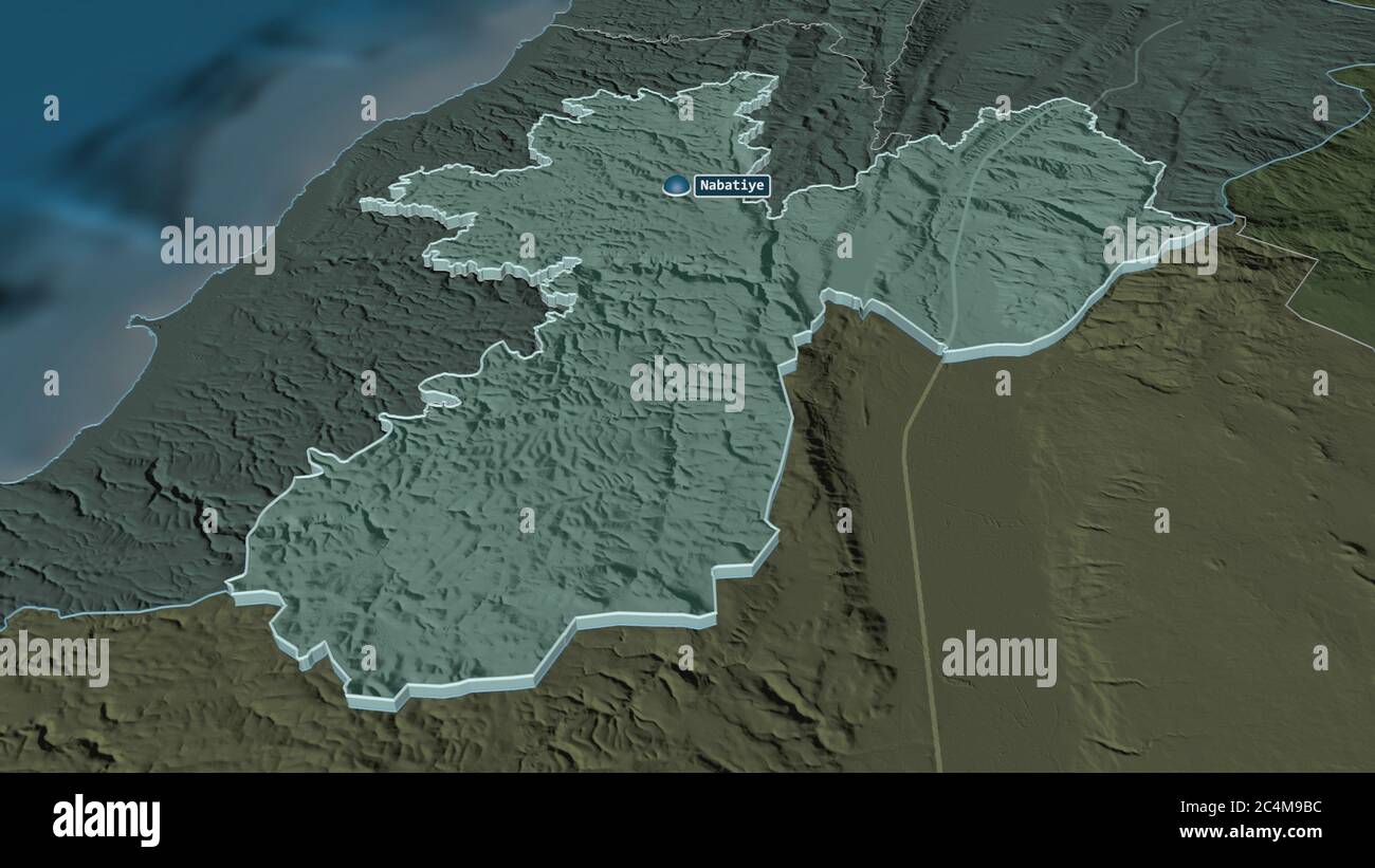 Zoom in on Nabatiyeh (governorate of Lebanon) extruded. Oblique ...