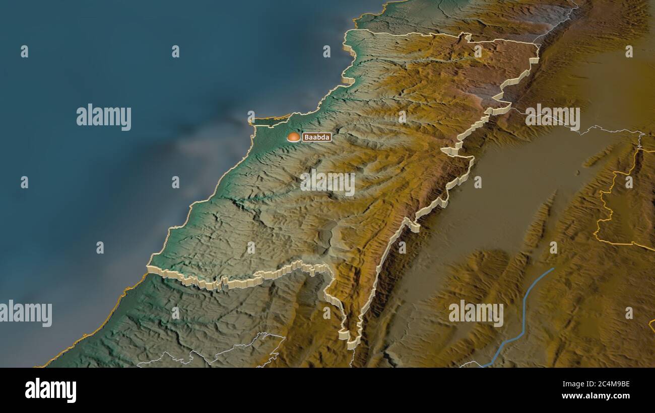 Zoom in on Mount Lebanon (governorate of Lebanon) extruded. Oblique ...