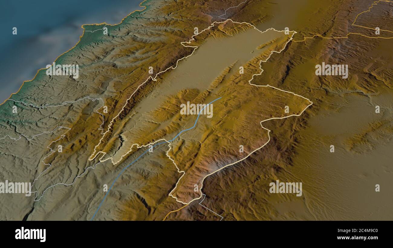 Zoom in on Bekaa (governorate of Lebanon) outlined. Oblique perspective ...