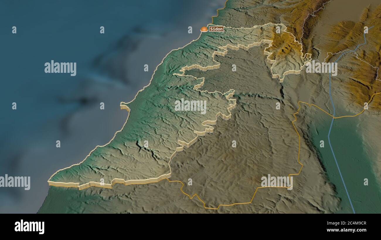 Zoom in on South (governorate of Lebanon) extruded. Oblique perspective ...