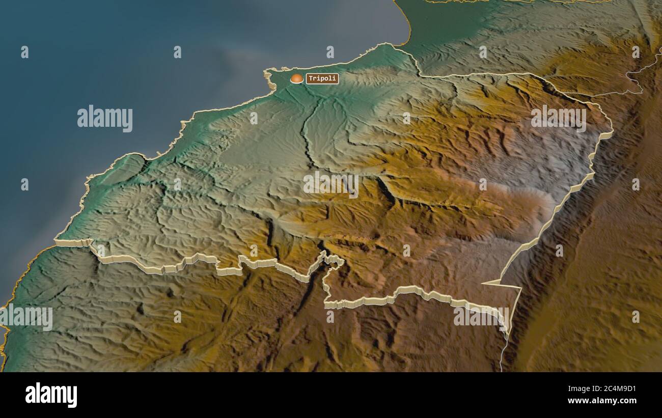 Zoom in on North (governorate of Lebanon) extruded. Oblique perspective ...