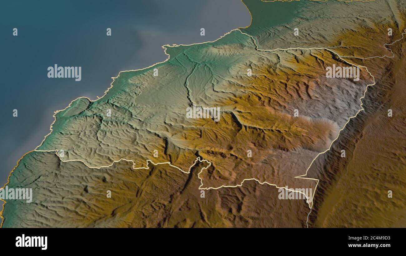 Zoom in on North (governorate of Lebanon) outlined. Oblique perspective ...