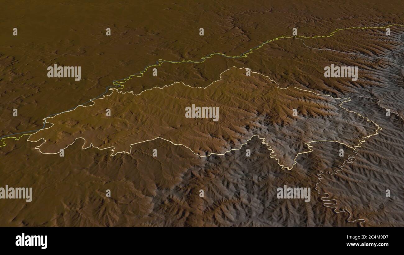 Zoom in on Berea (district of Lesotho) outlined. Oblique perspective ...