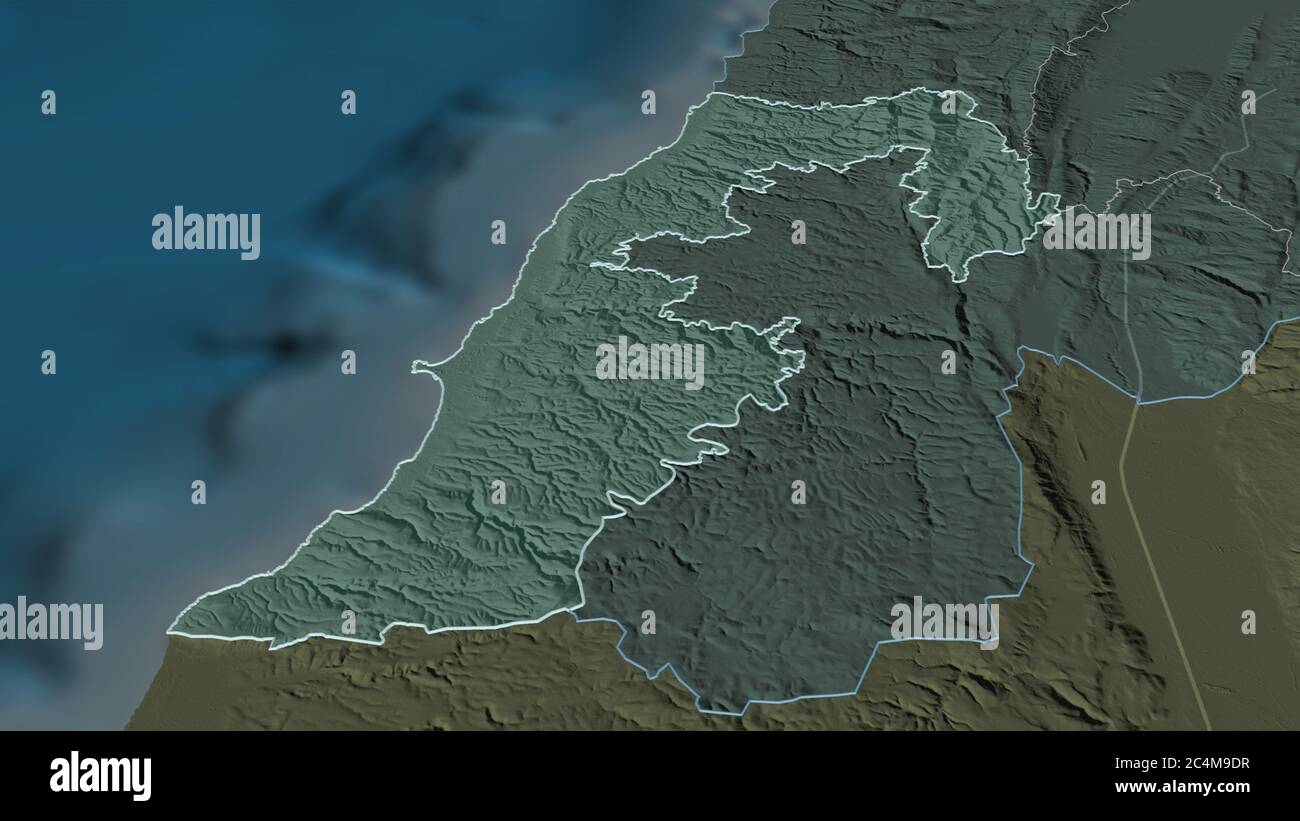 Zoom in on South (governorate of Lebanon) outlined. Oblique perspective ...
