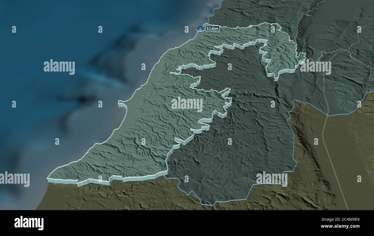 Zoom in on South (governorate of Lebanon) extruded. Oblique perspective ...