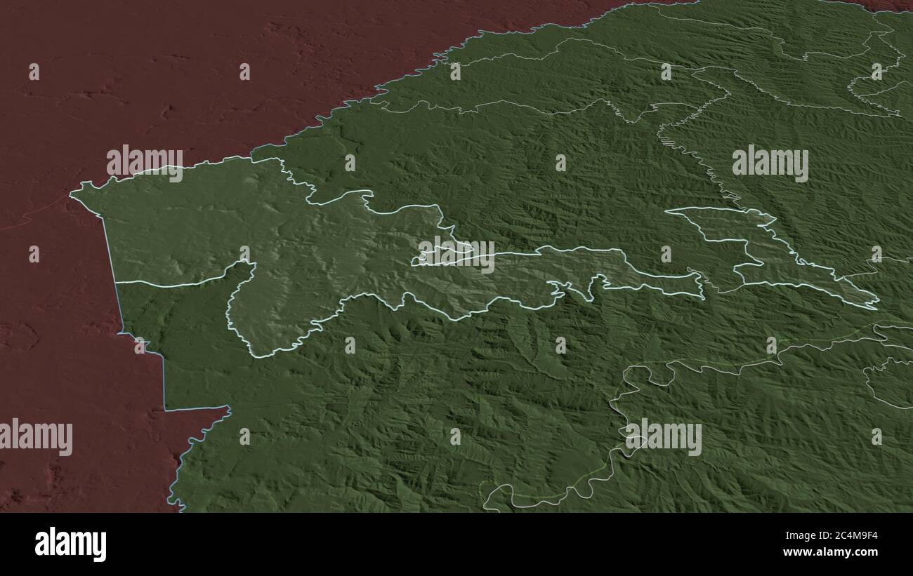 Zoom in on Mafeteng (district of Lesotho) outlined. Oblique perspective ...
