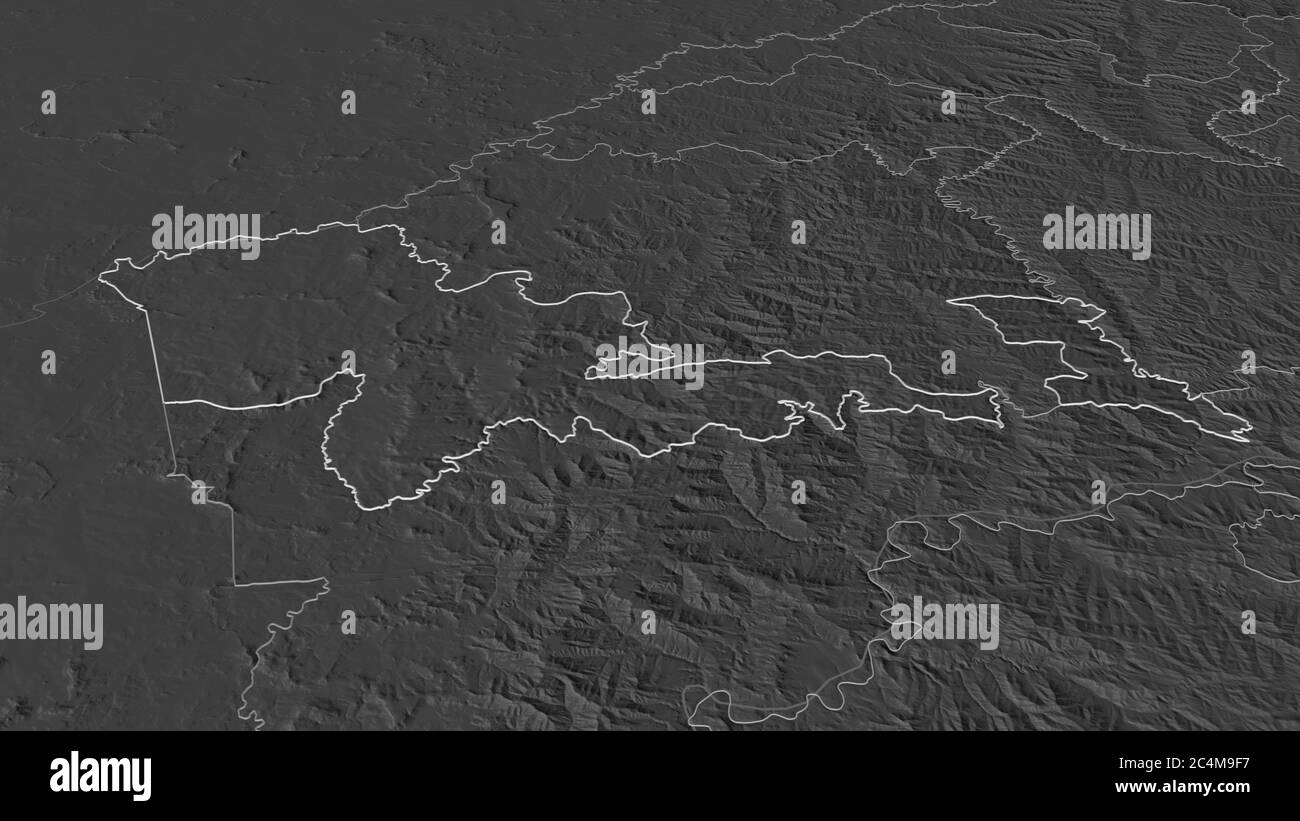Zoom in on Mafeteng (district of Lesotho) outlined. Oblique perspective ...
