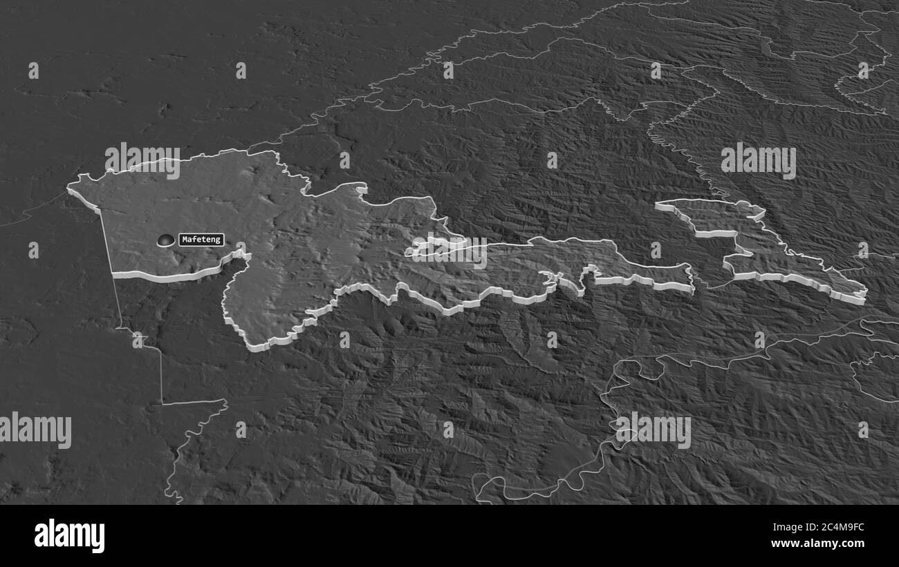 Zoom in on Mafeteng (district of Lesotho) extruded. Oblique perspective ...