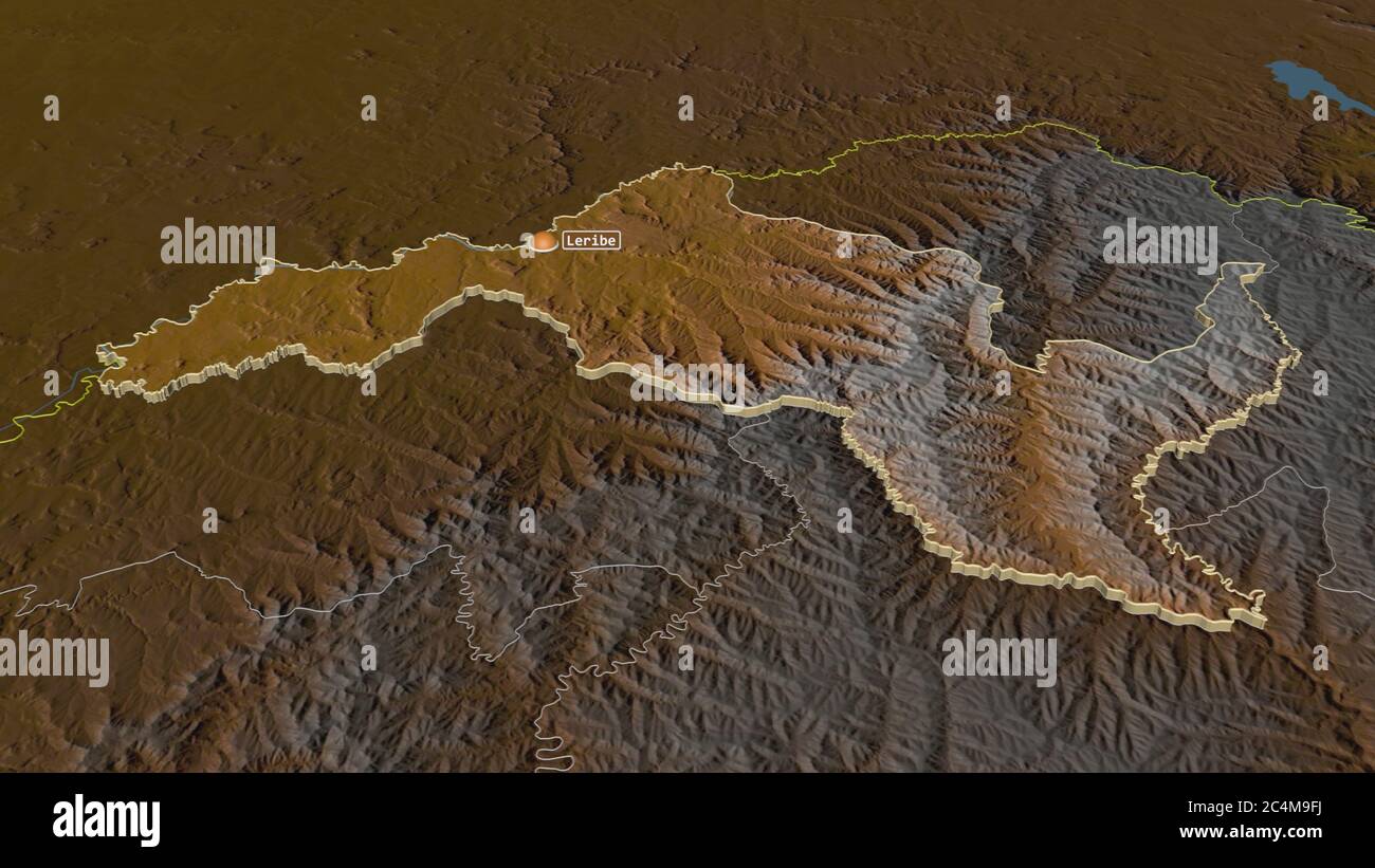 Zoom in on Leribe (district of Lesotho) extruded. Oblique perspective ...