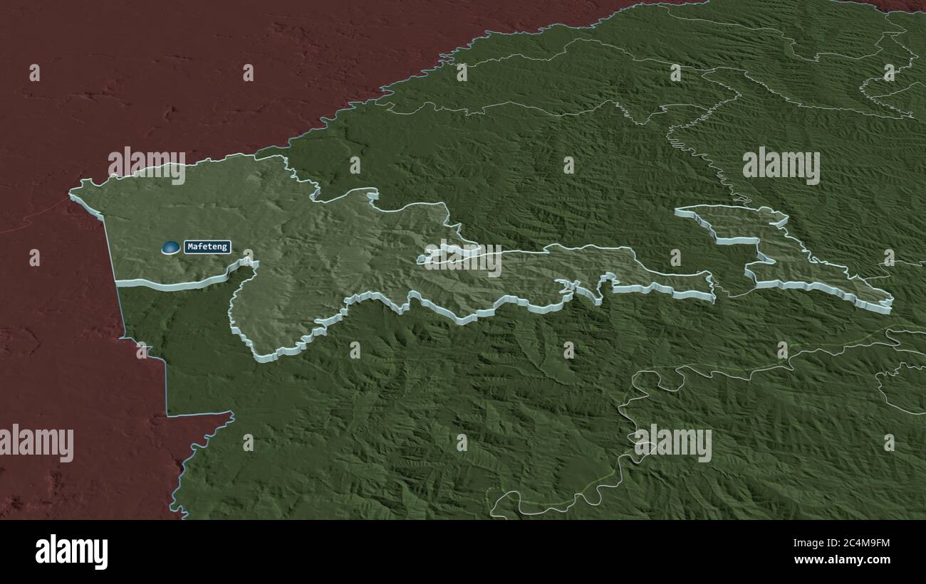 Zoom in on Mafeteng (district of Lesotho) extruded. Oblique perspective ...