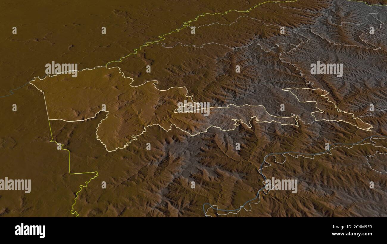 Zoom in on Mafeteng (district of Lesotho) outlined. Oblique perspective ...