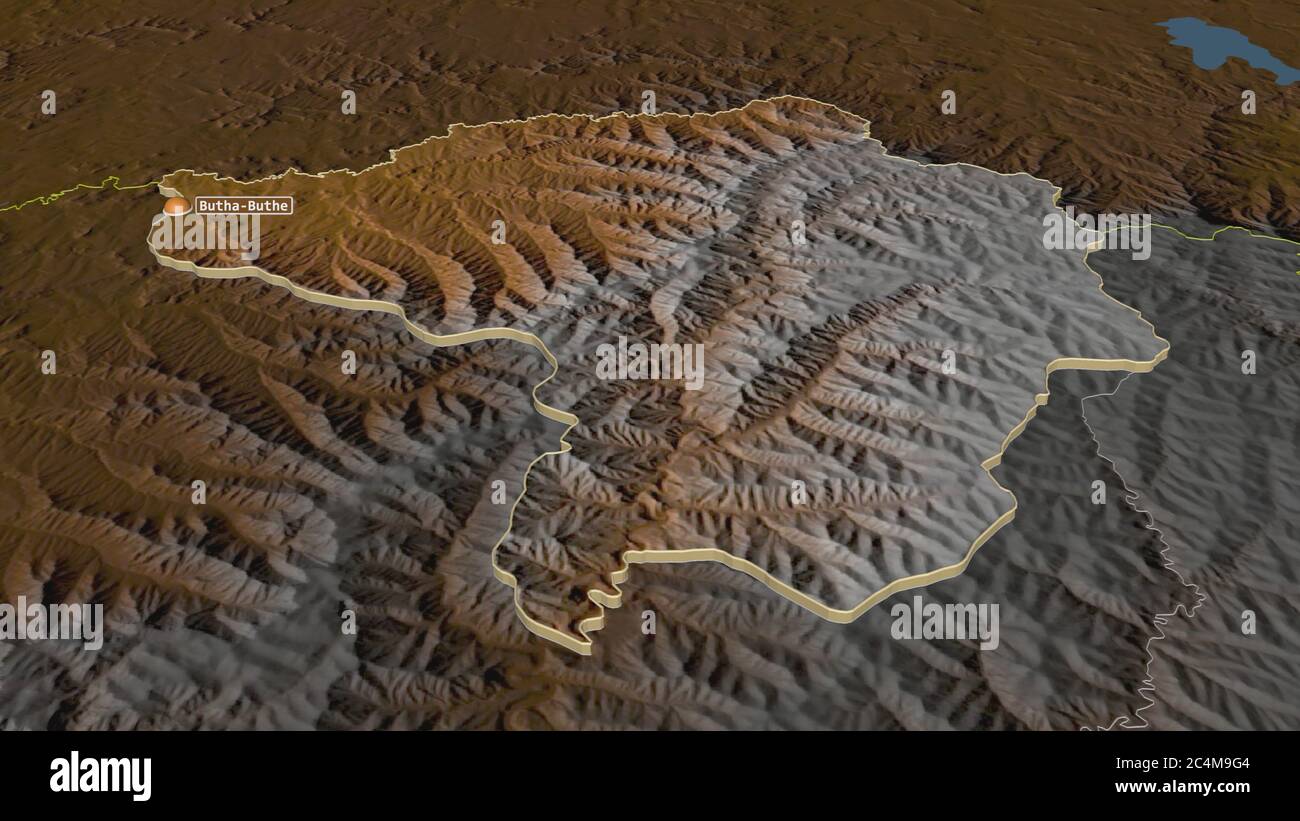 Zoom in on Butha-Buthe (district of Lesotho) extruded. Oblique ...
