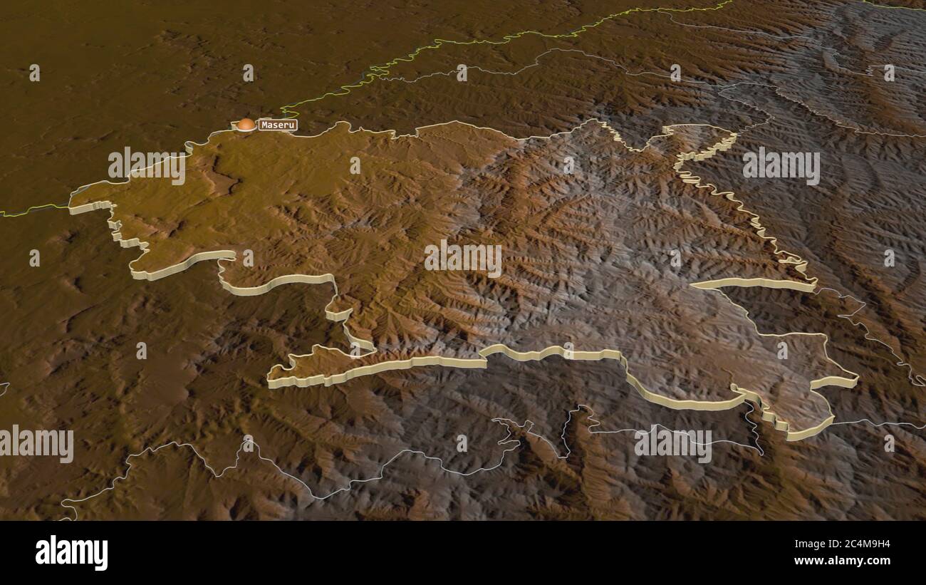 Zoom in on Maseru (district of Lesotho) extruded. Oblique perspective ...