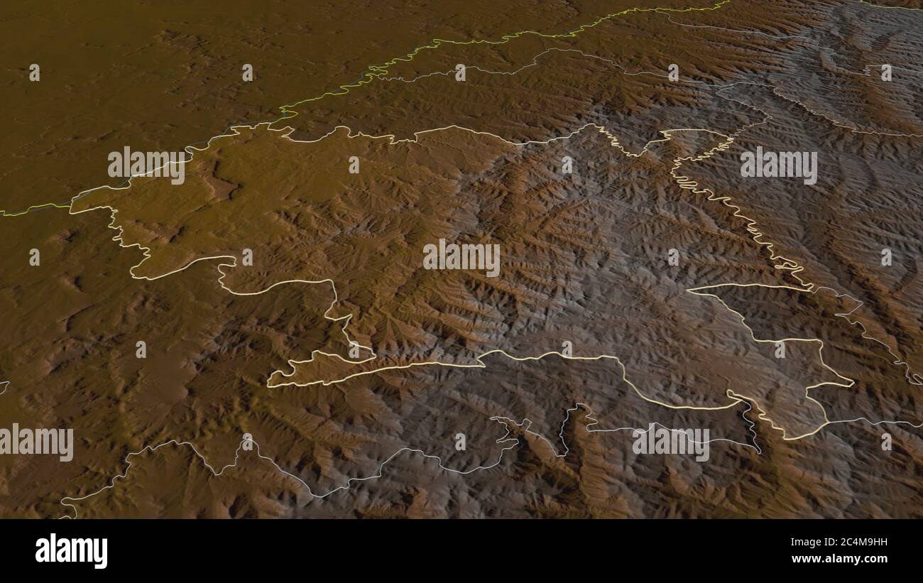 Zoom in on Maseru (district of Lesotho) outlined. Oblique perspective ...
