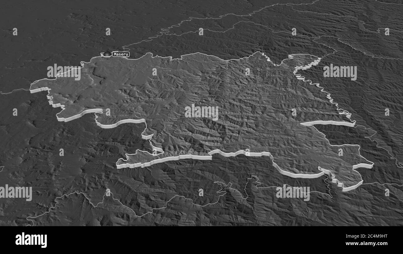 Zoom in on Maseru (district of Lesotho) extruded. Oblique perspective ...