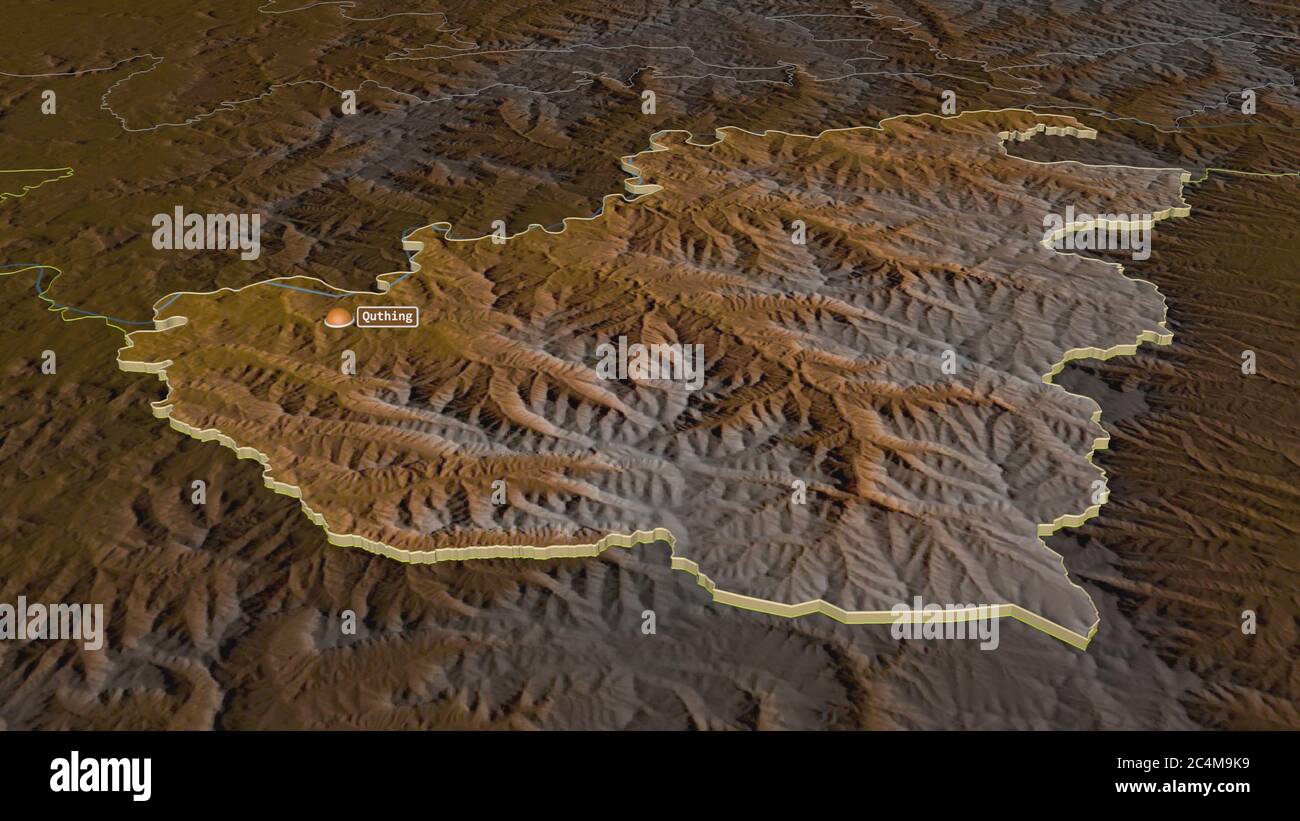Zoom in on Quthing (district of Lesotho) extruded. Oblique perspective ...