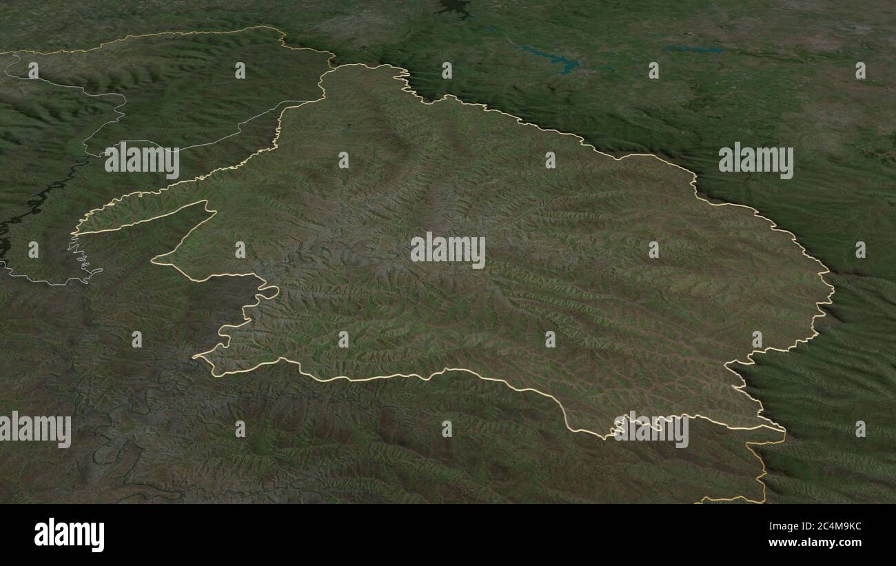 Zoom in on Mokhotlong (district of Lesotho) outlined. Oblique ...