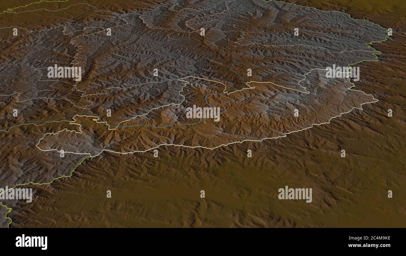 Zoom in on Qacha's Nek (district of Lesotho) outlined. Oblique ...