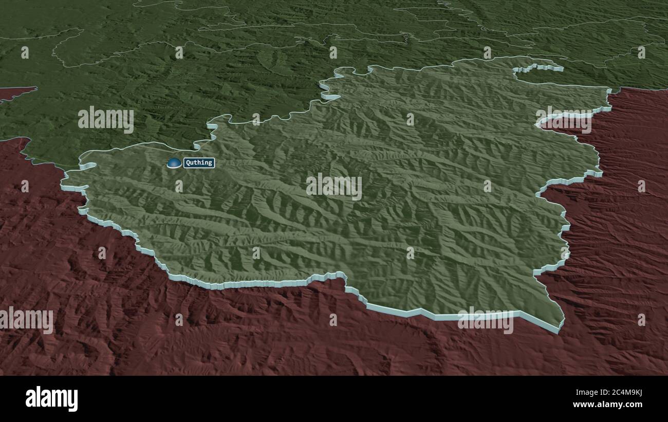 Zoom in on Quthing (district of Lesotho) extruded. Oblique perspective ...