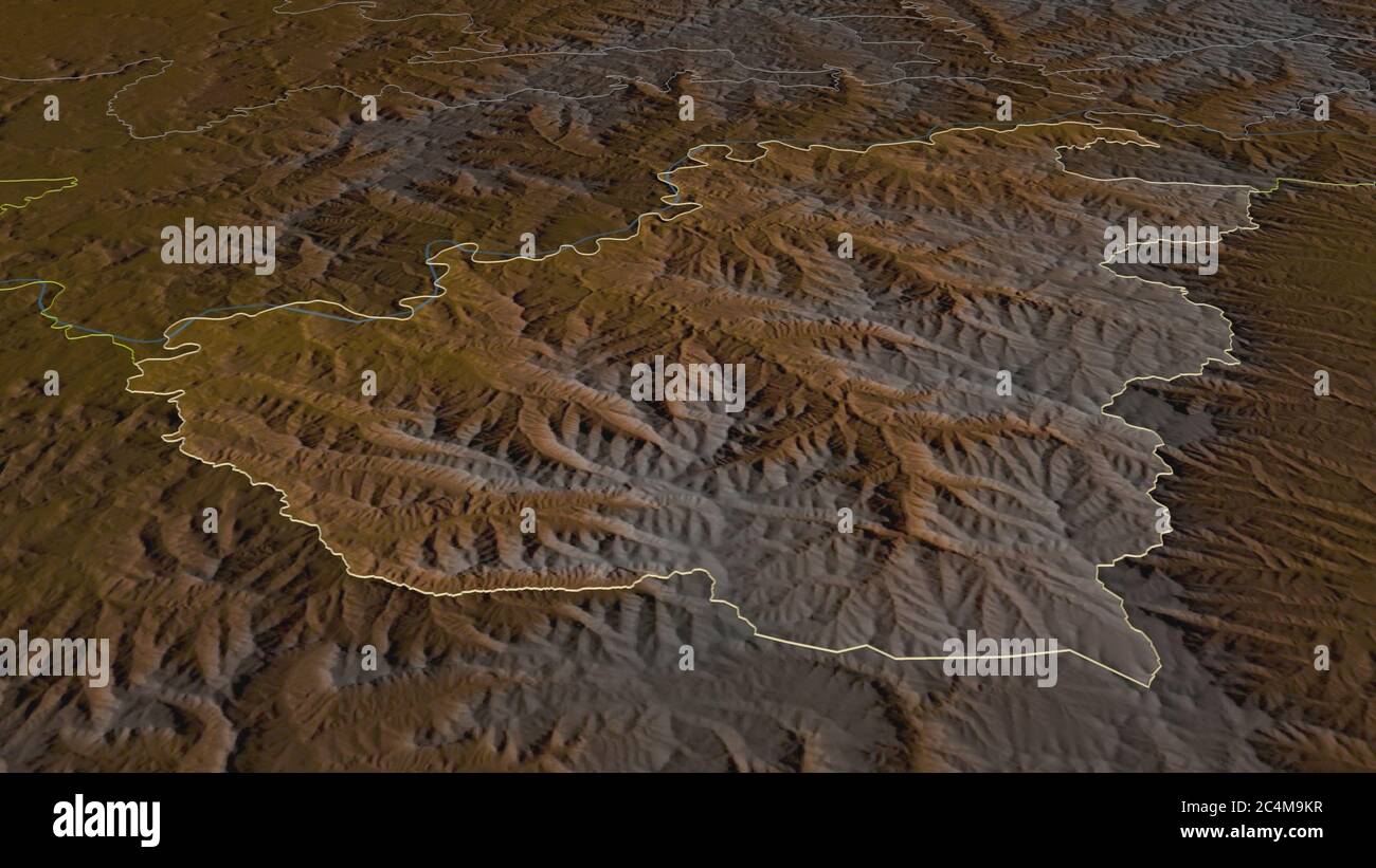 Zoom in on Quthing (district of Lesotho) outlined. Oblique perspective ...