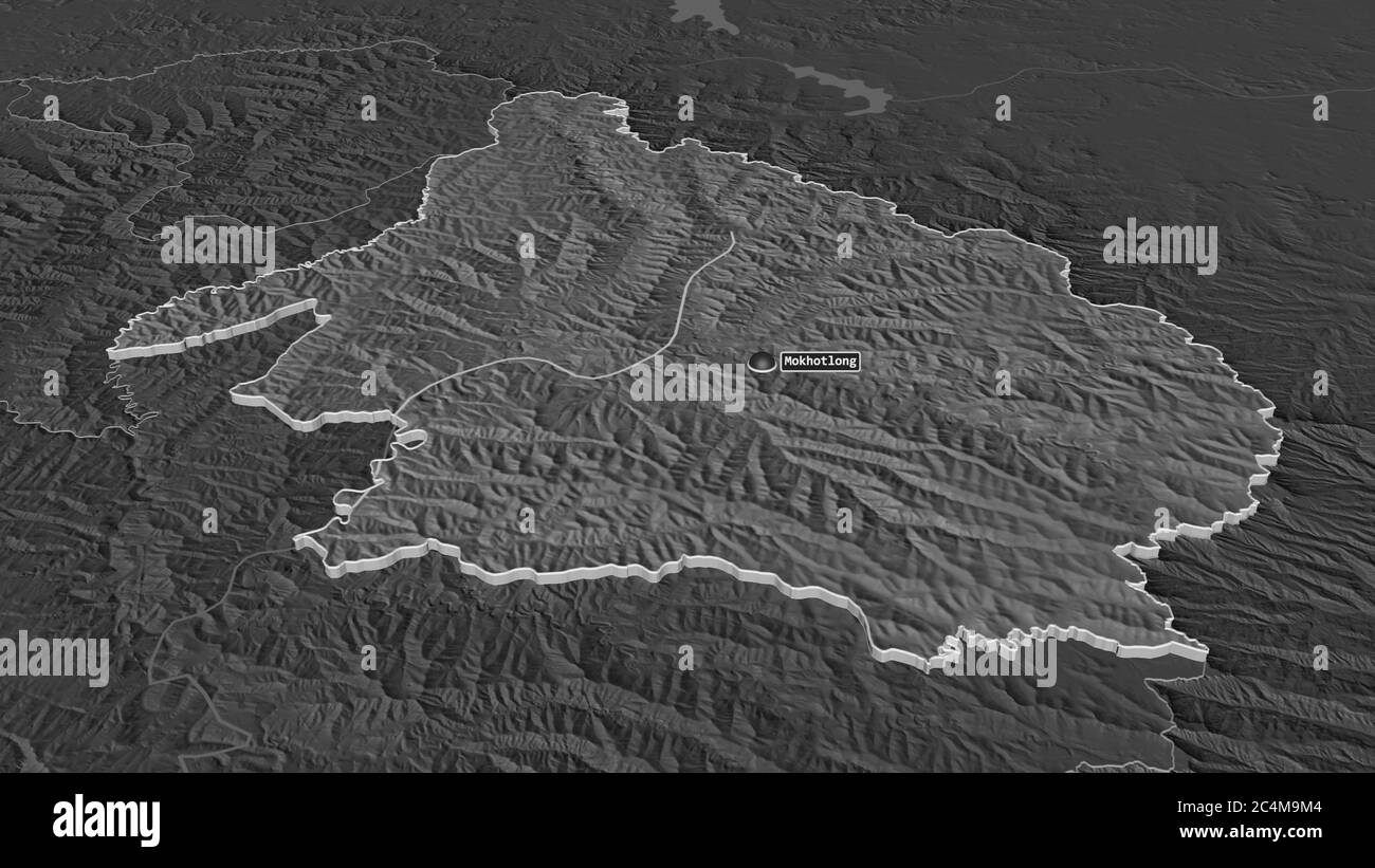 Zoom in on Mokhotlong (district of Lesotho) extruded. Oblique ...