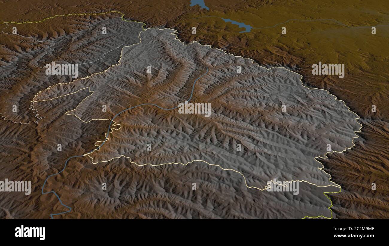 Zoom in on Mokhotlong (district of Lesotho) outlined. Oblique ...