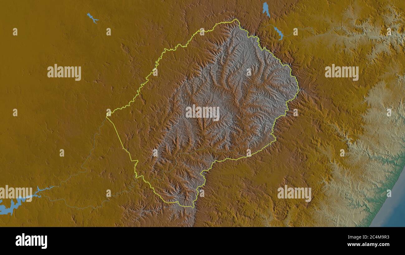 Outlined shape of the Lesotho area. Topographic relief map with surface ...
