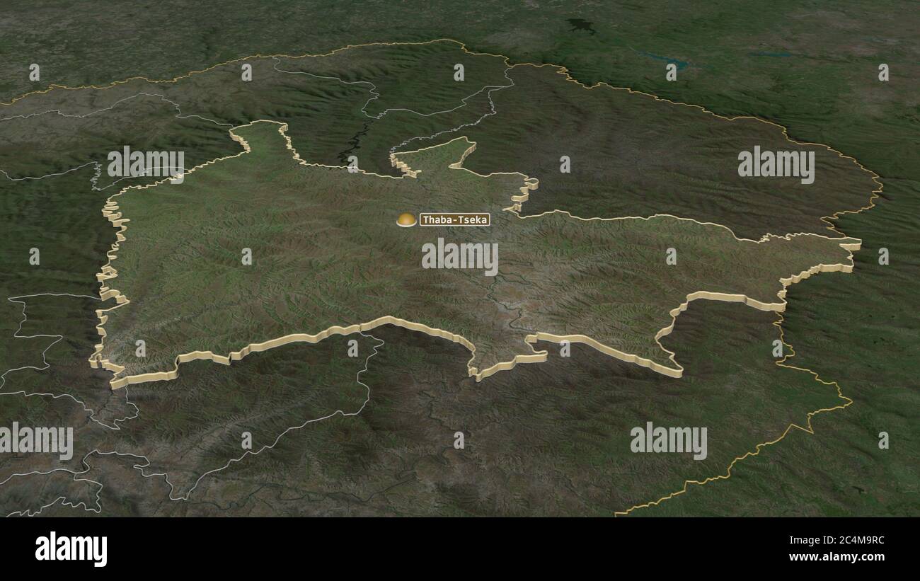 Zoom in on Thaba-Tseka (district of Lesotho) extruded. Oblique ...