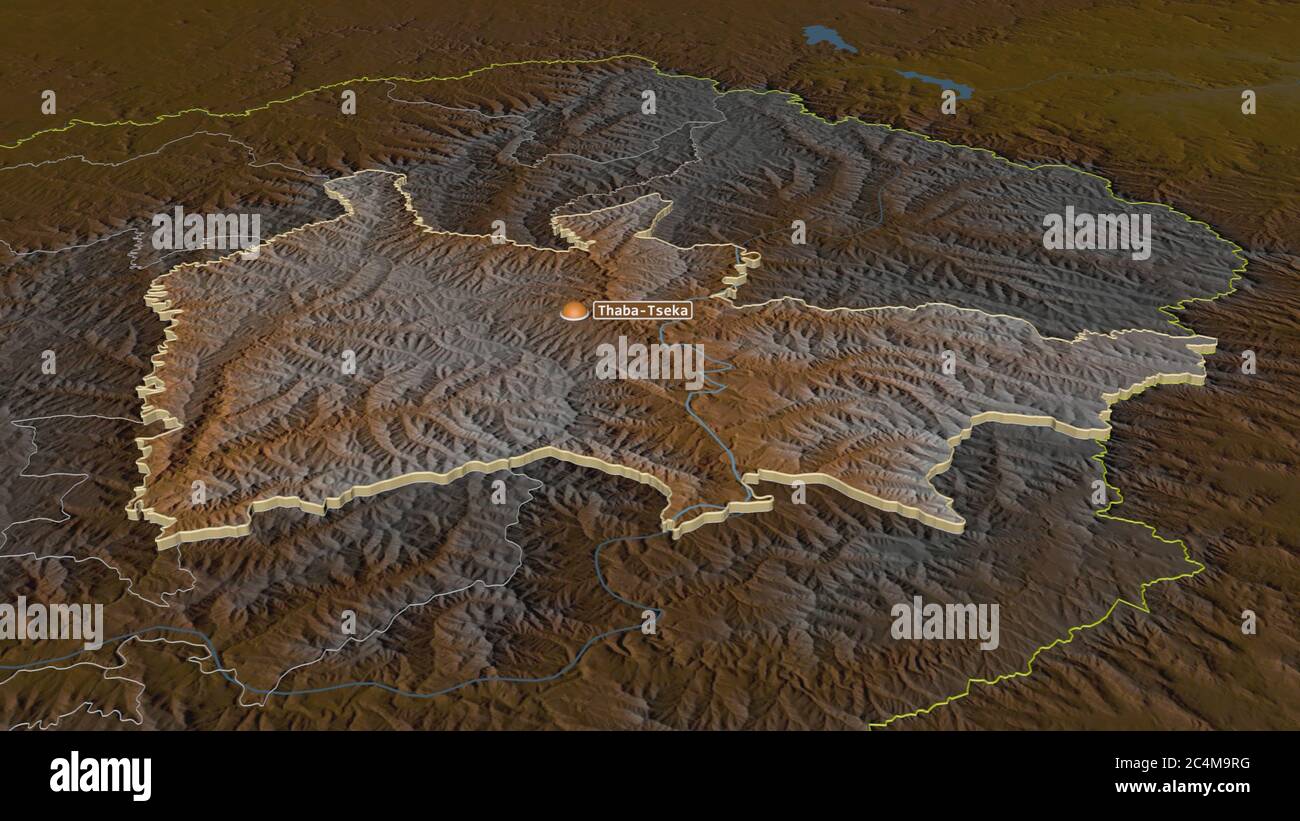 Zoom in on Thaba-Tseka (district of Lesotho) extruded. Oblique ...