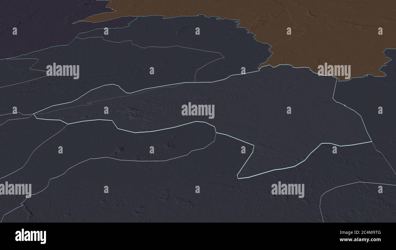 Zoom in on Bong (county of Liberia) outlined. Oblique perspective ...