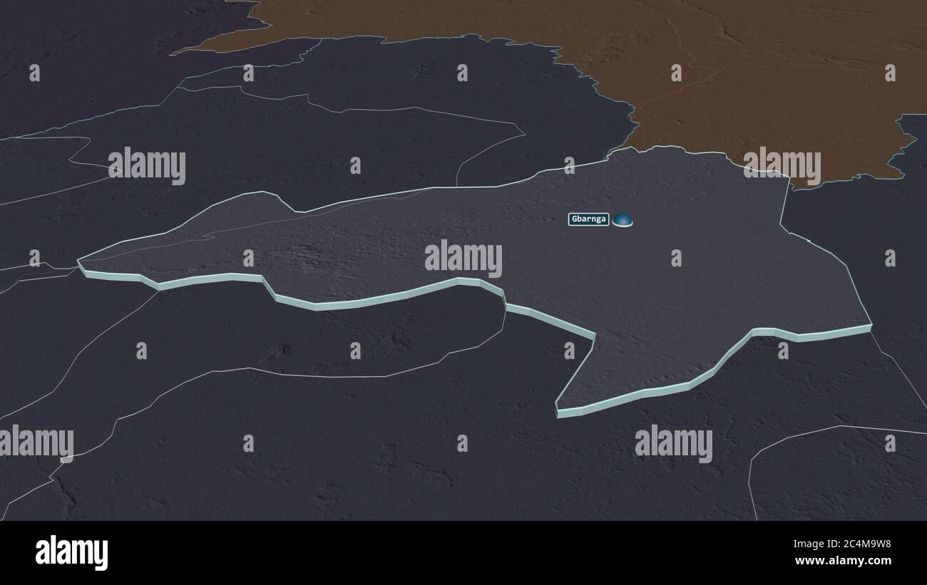 Zoom in on Bong (county of Liberia) extruded. Oblique perspective ...