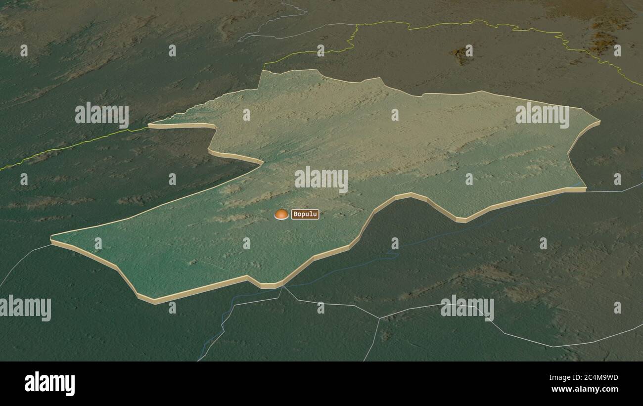 Zoom in on Gbapolu (county of Liberia) extruded. Oblique perspective ...