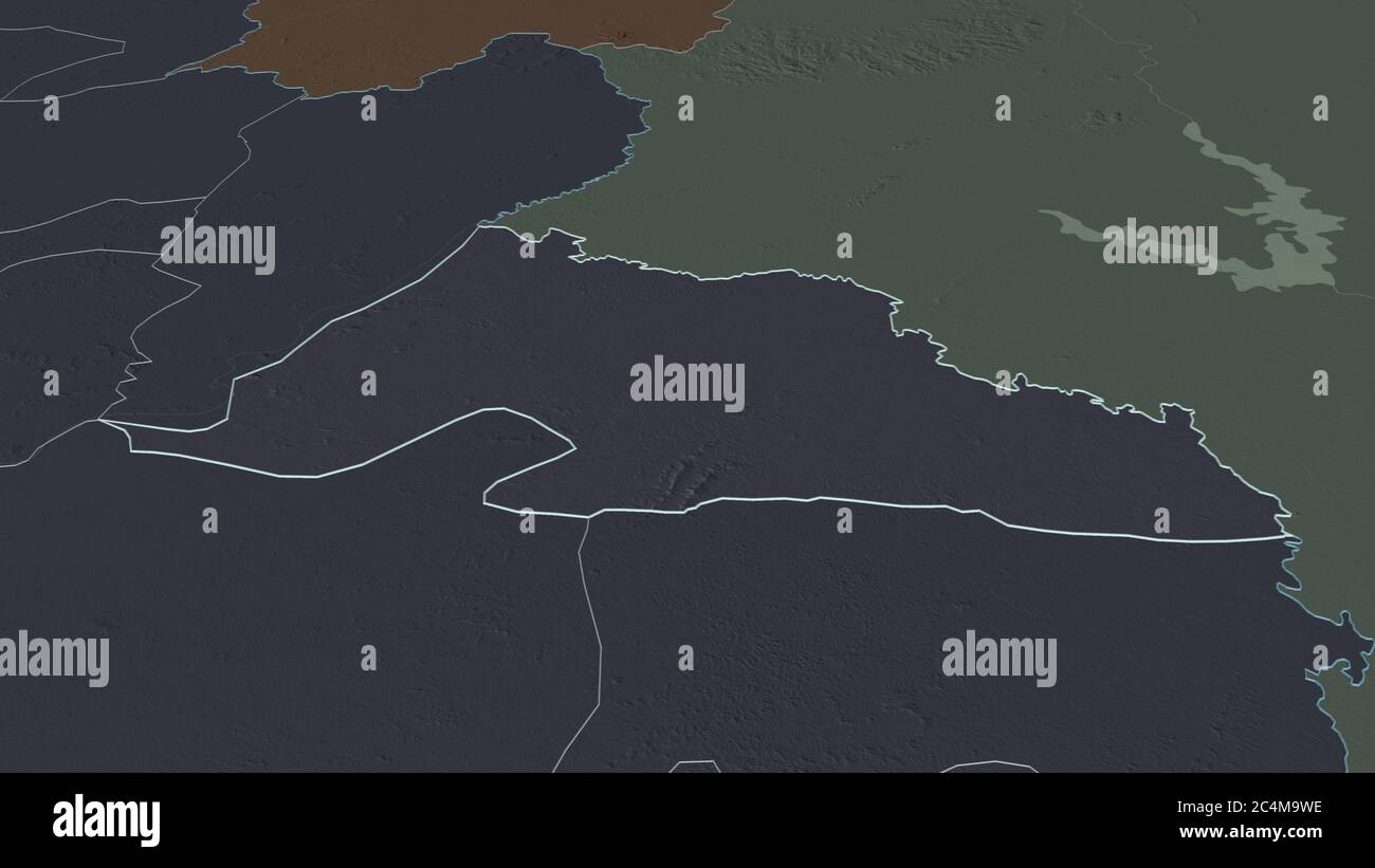 Zoom in on Grand Gedeh (county of Liberia) outlined. Oblique ...