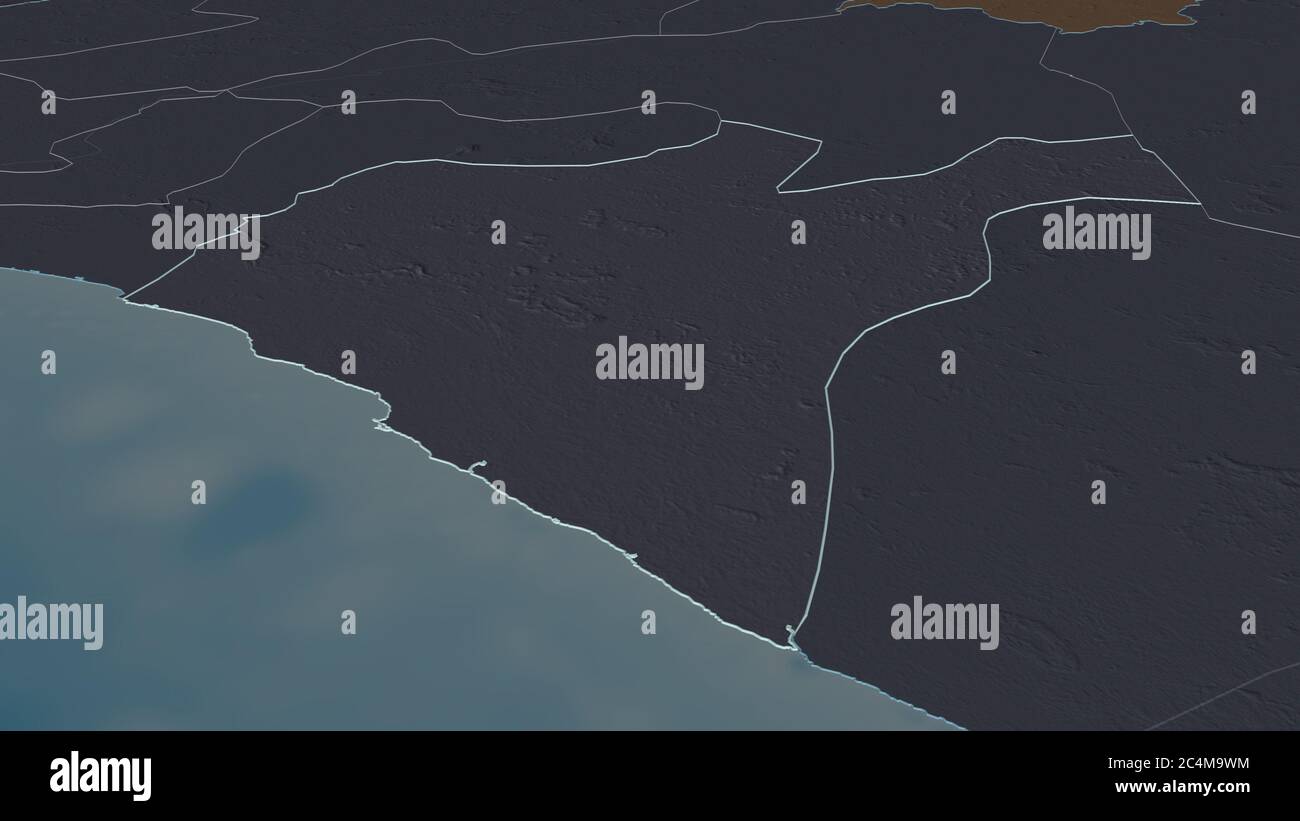 Zoom in on Grand Bassa (county of Liberia) outlined. Oblique ...