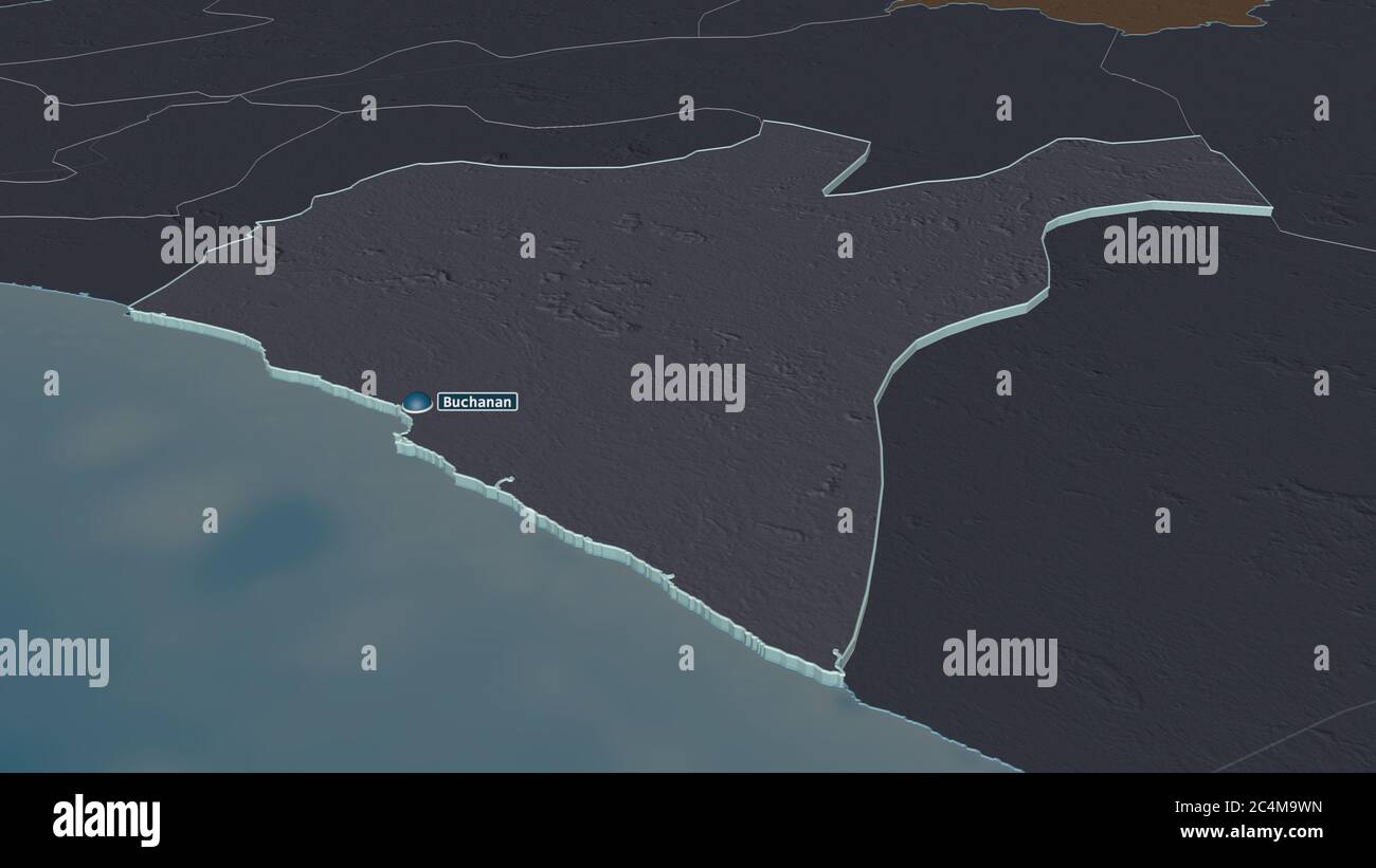 Zoom in on Grand Bassa (county of Liberia) extruded. Oblique ...