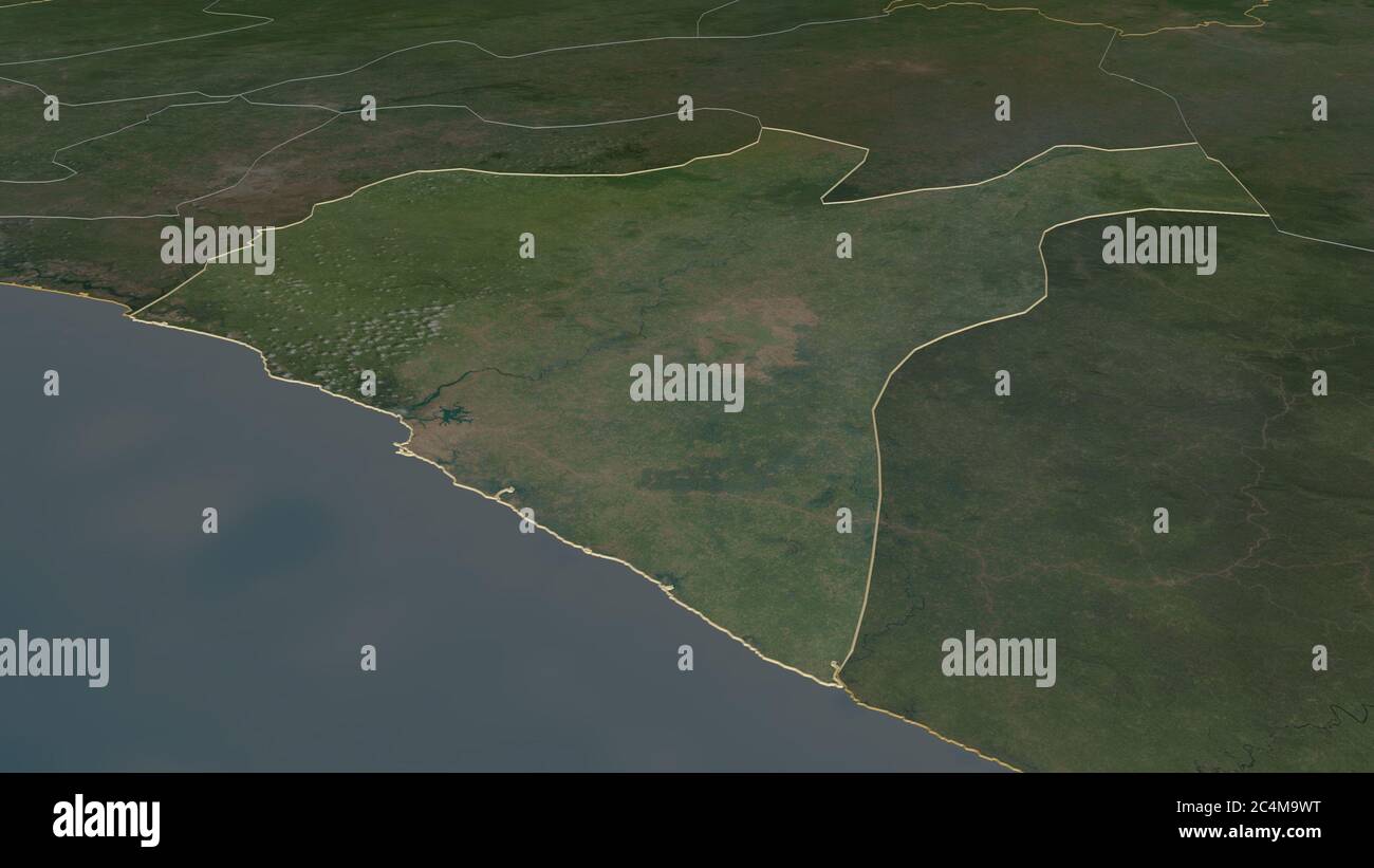 Zoom in on Grand Bassa (county of Liberia) outlined. Oblique ...