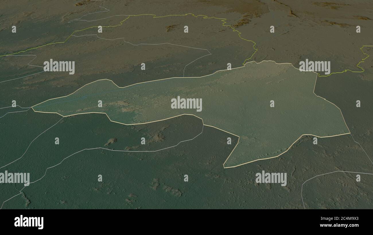 Zoom in on Bong (county of Liberia) outlined. Oblique perspective ...