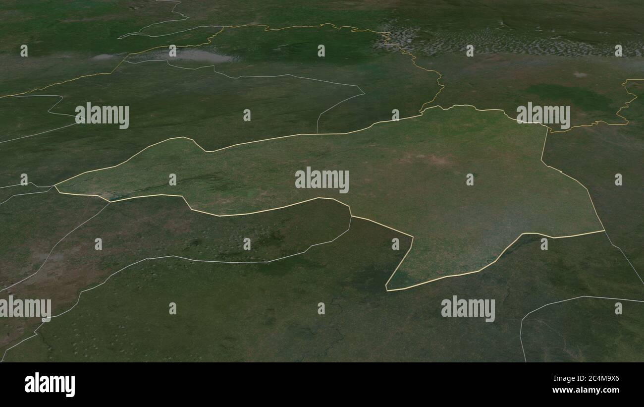 Zoom in on Bong (county of Liberia) outlined. Oblique perspective ...