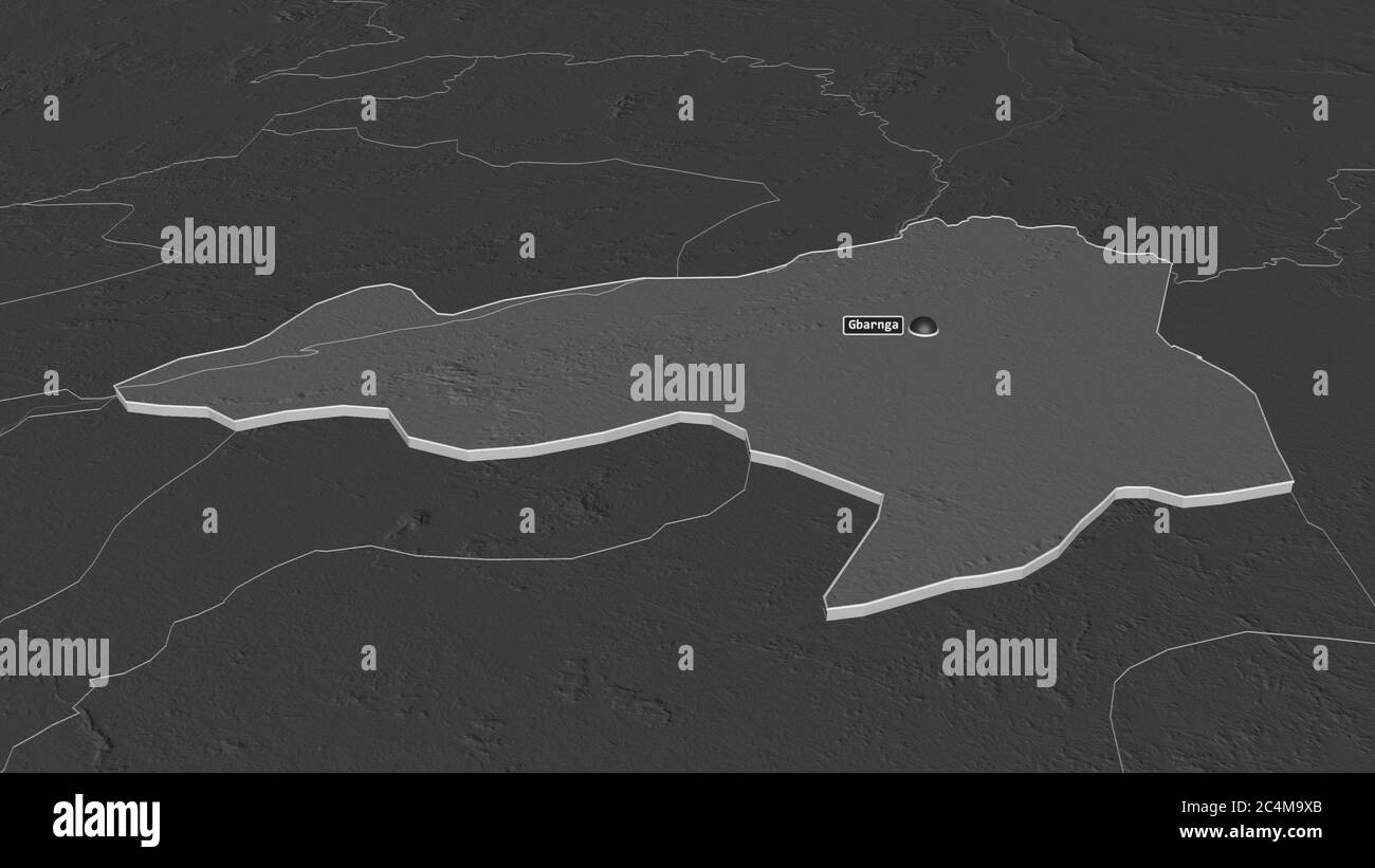 Zoom in on Bong (county of Liberia) extruded. Oblique perspective ...