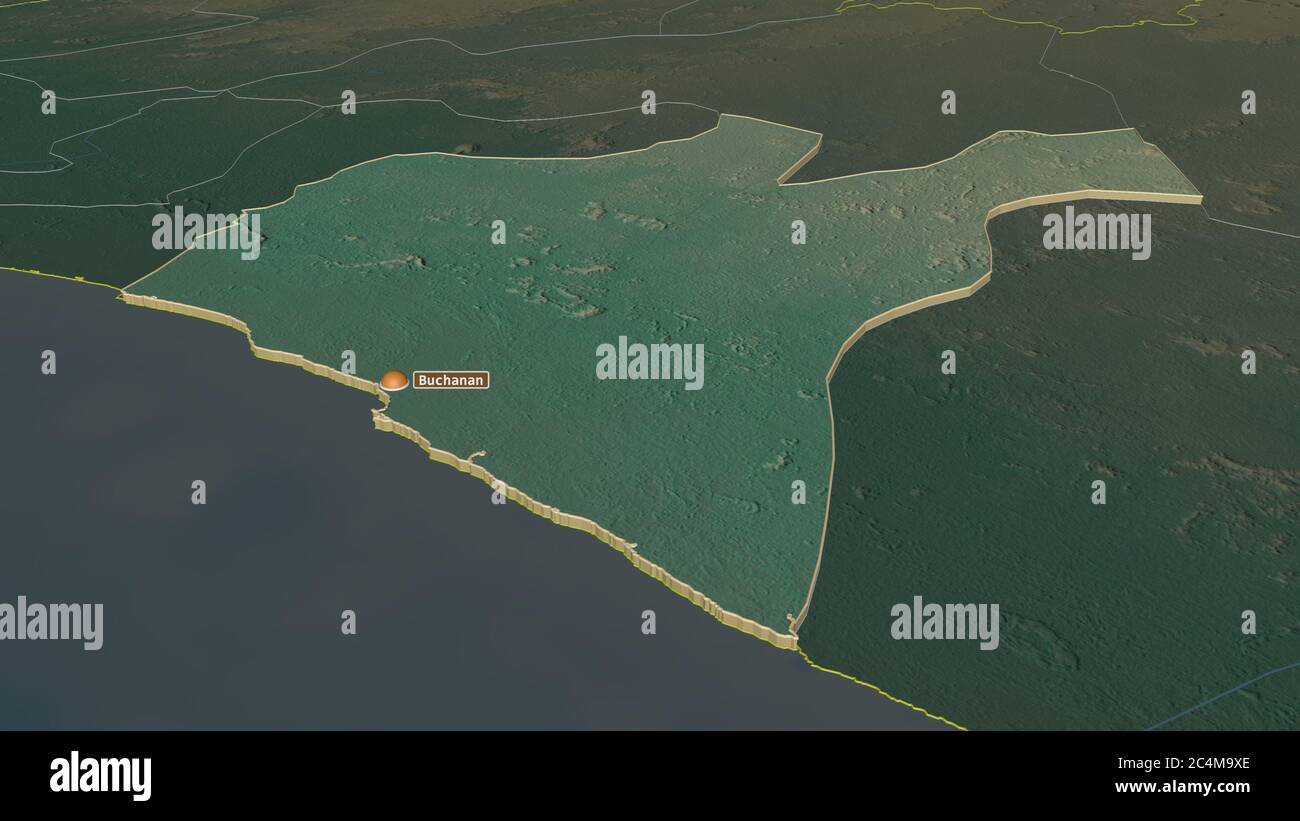 Zoom in on Grand Bassa (county of Liberia) extruded. Oblique ...