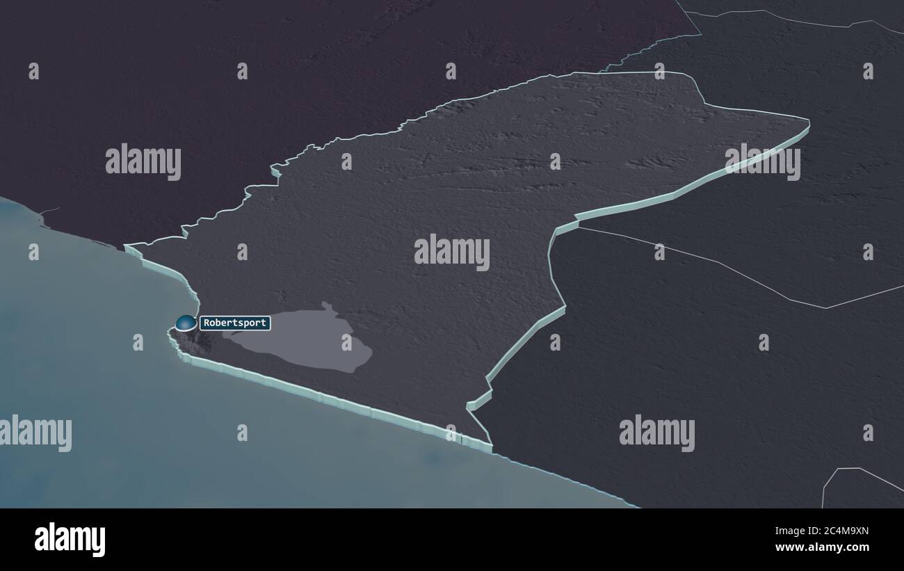 Zoom in on Grand Cape Mount (county of Liberia) extruded. Oblique ...