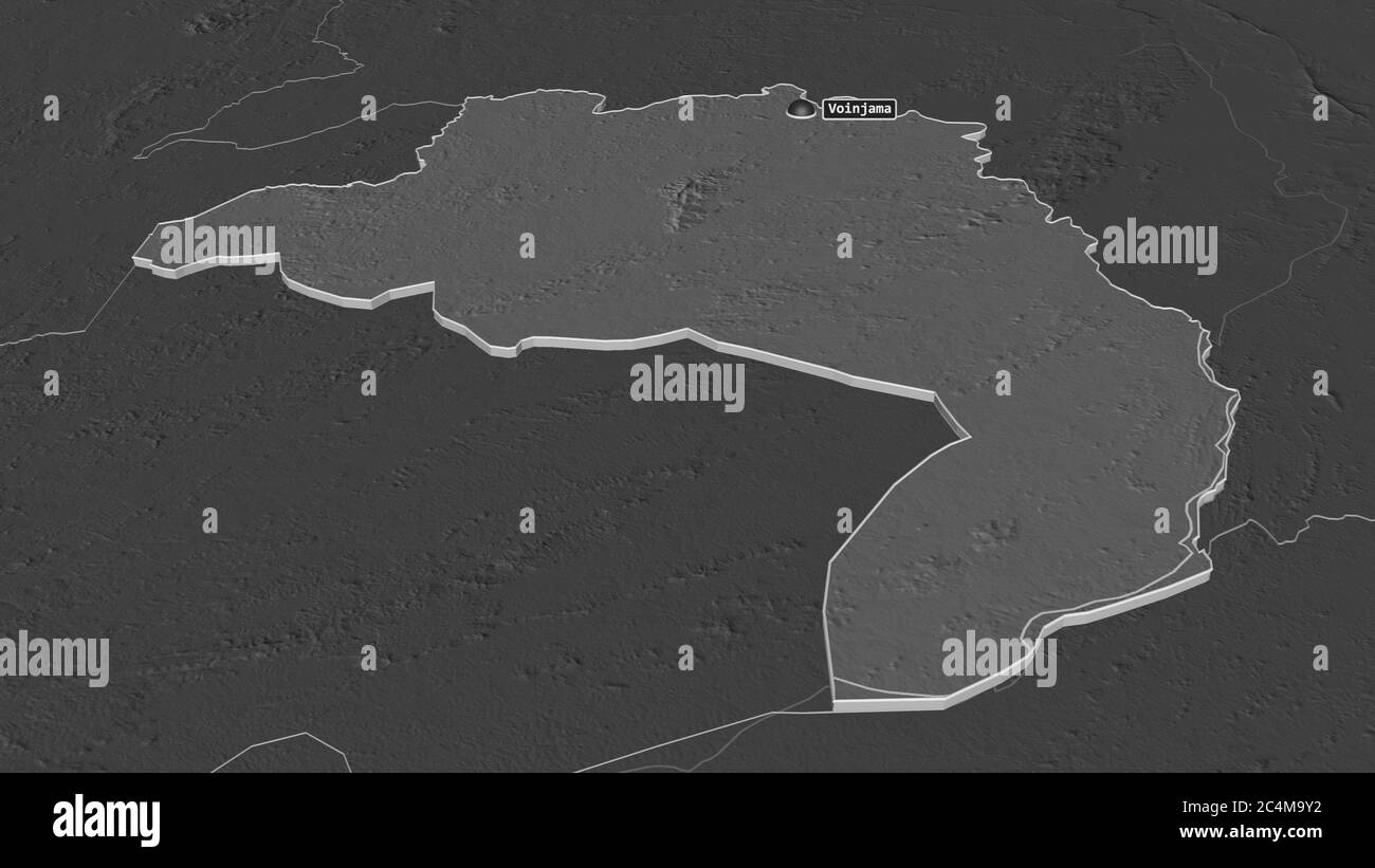 Zoom in on Lofa (county of Liberia) extruded. Oblique perspective ...