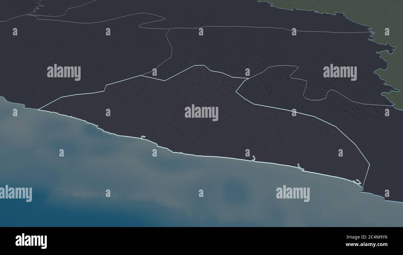 Zoom in on Grand Kru (county of Liberia) outlined. Oblique perspective ...