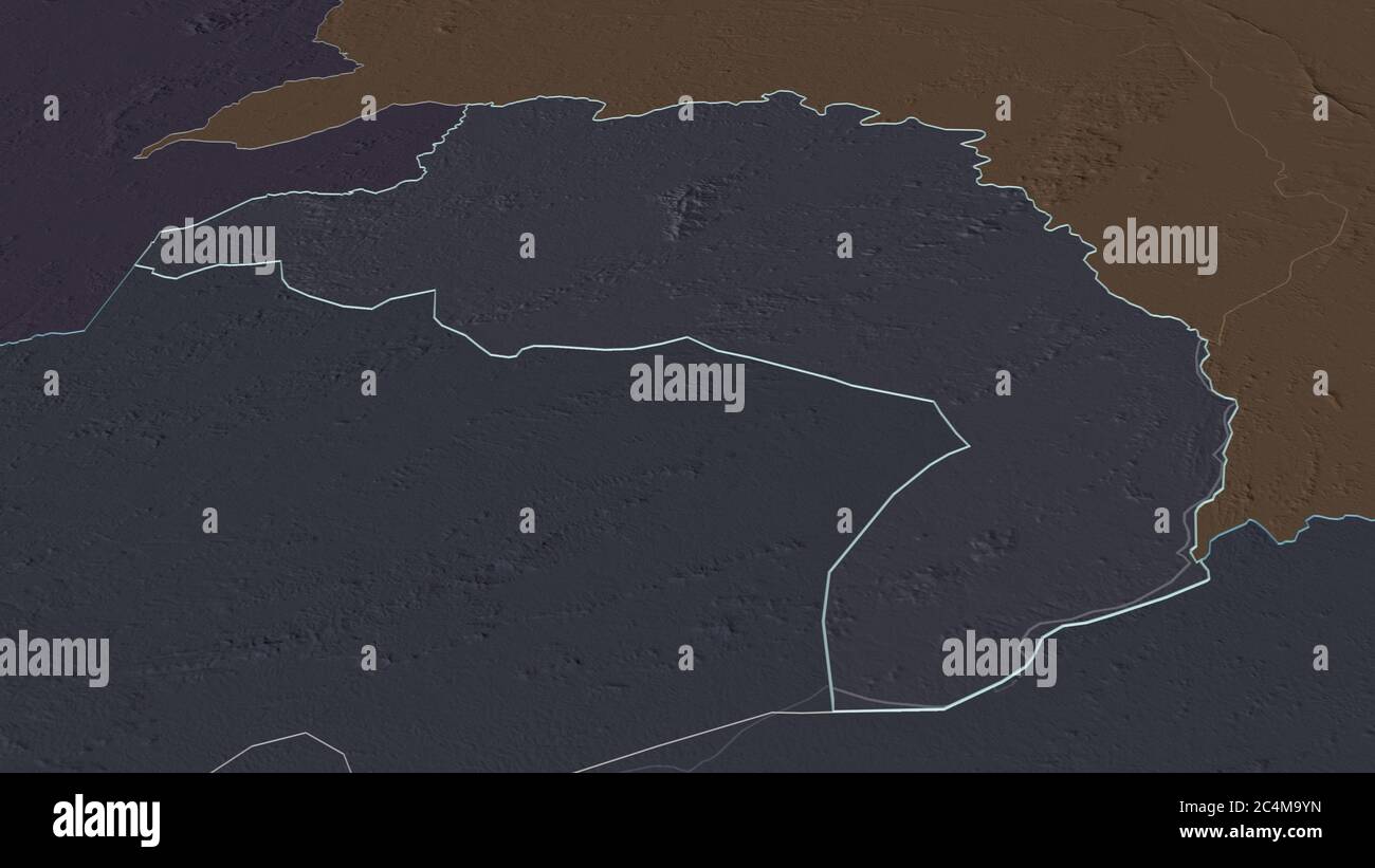 Zoom in on Lofa (county of Liberia) outlined. Oblique perspective ...